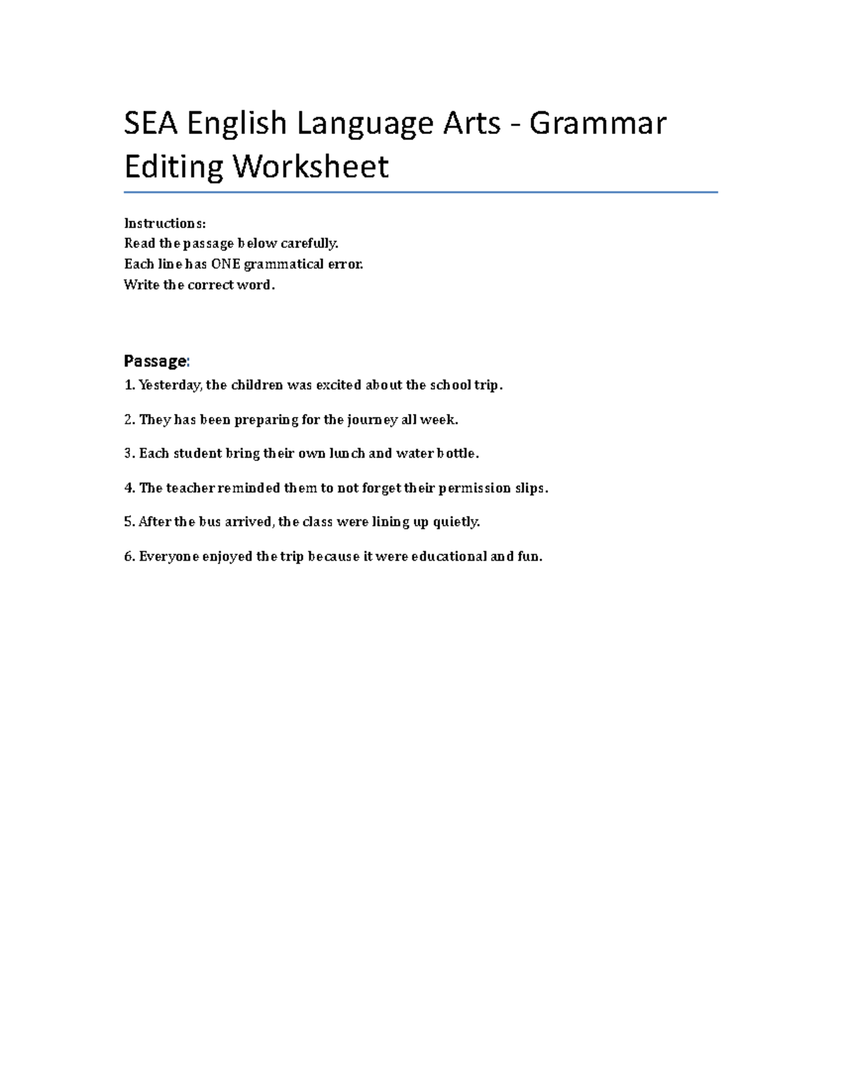 SEA English Language Arts Grammar Editing Worksheet - Practice - Studocu