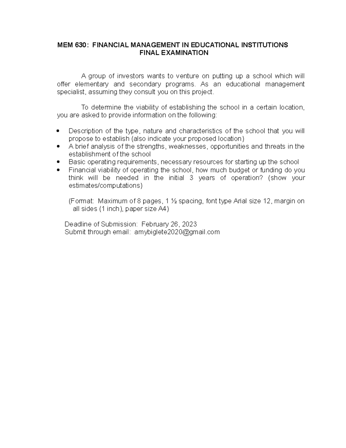 MEM 630 Financial Management Final EXAM - MEM 630: FINANCIAL MANAGEMENT ...