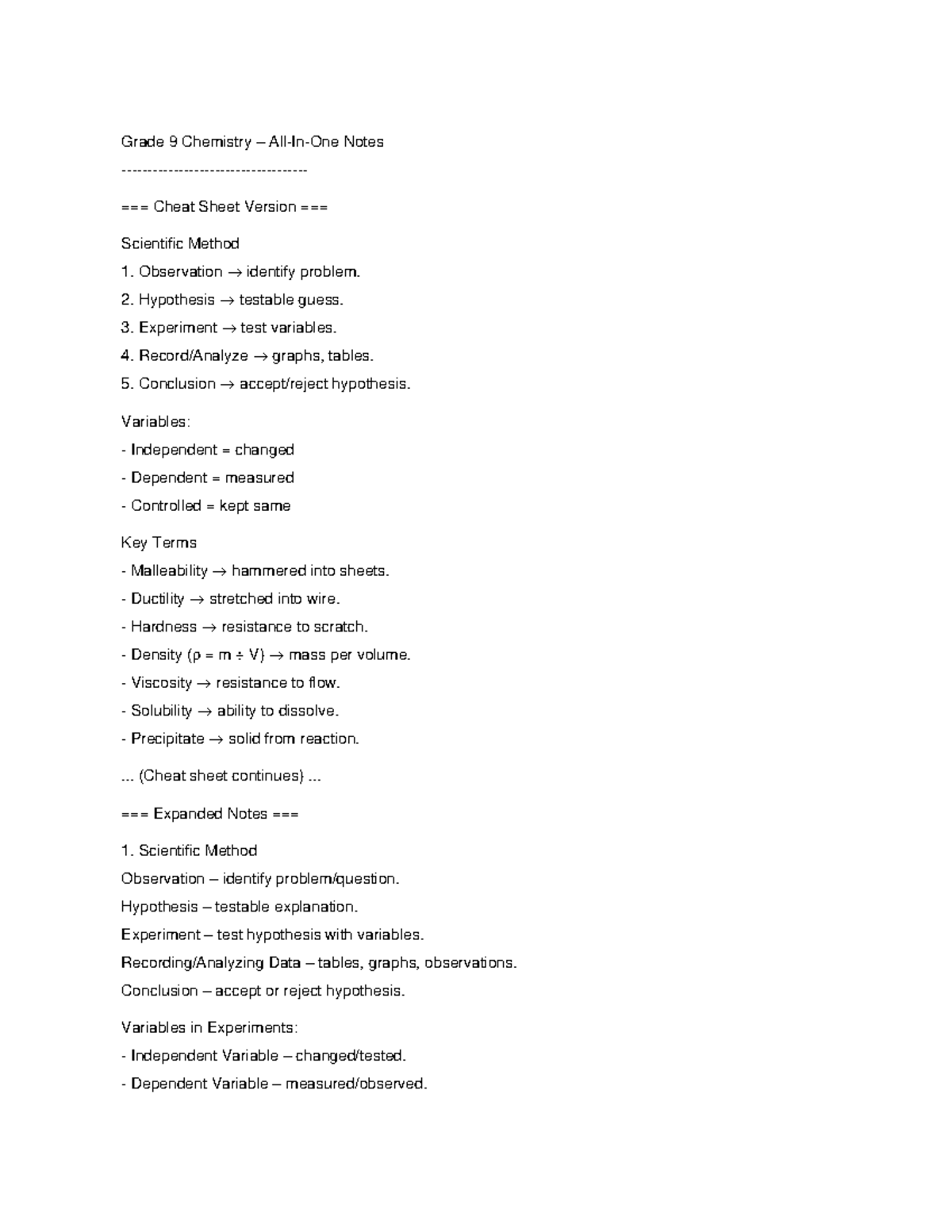 Grade 9 Chemistry Cheat Sheet: Scientific Method & Key Terms - Studocu