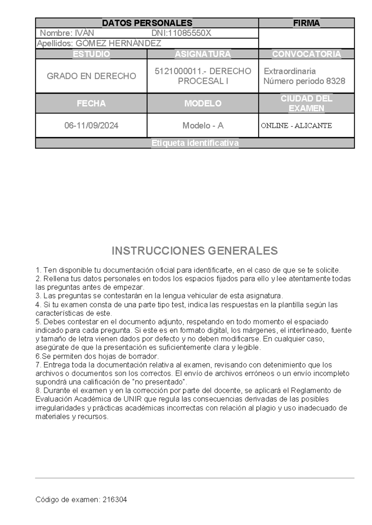 Examen Extraordinario de Derecho Procesal I - Septiembre 216304 - Studocu