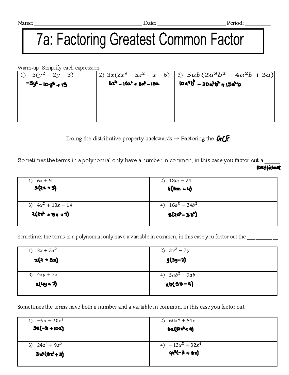 7a: Factoring GCF - Simplifying Expressions and Polynomials - Studocu