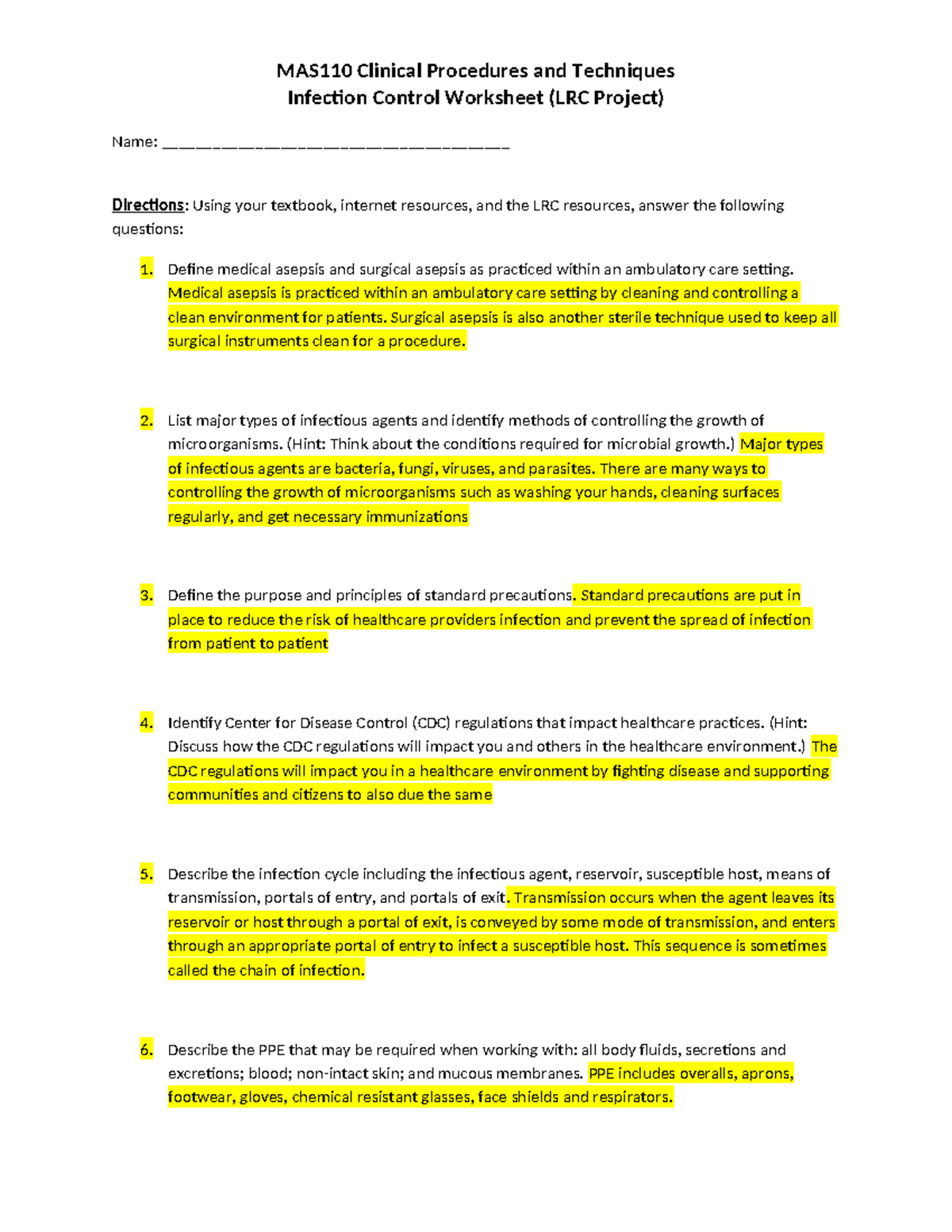 MAS110 Infection Control Worksheet: Compliance & Safety Guidelines ...