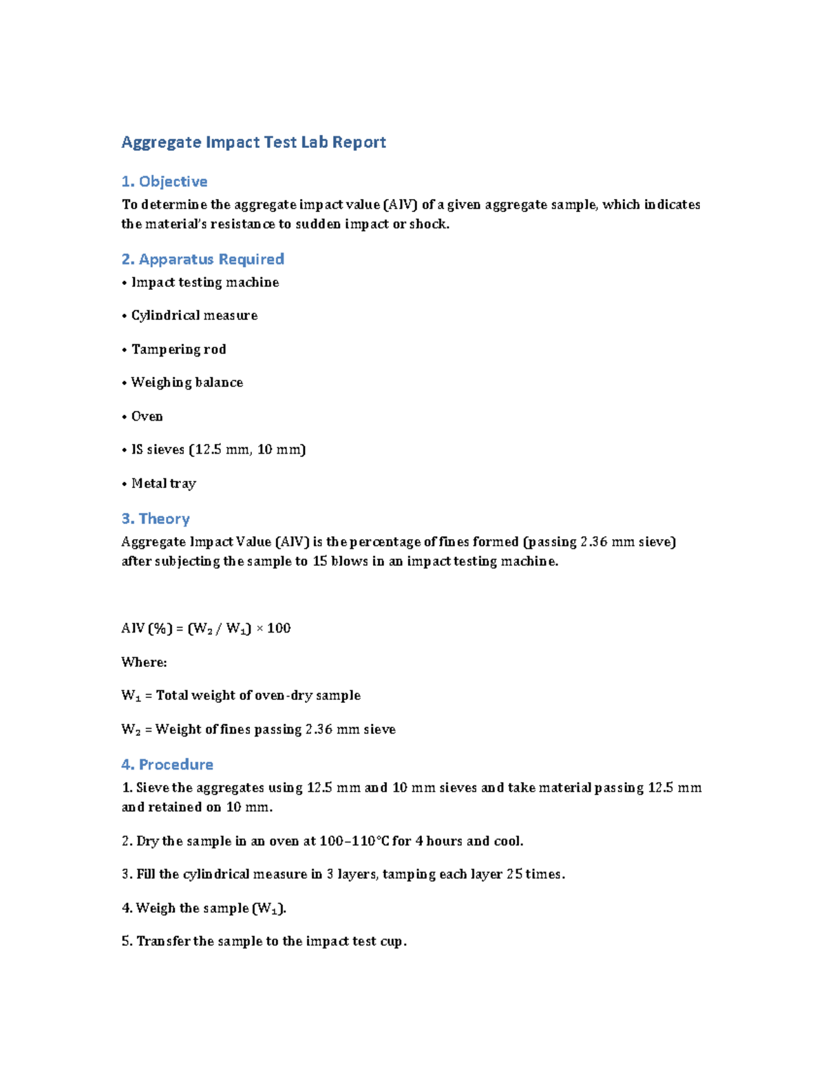 Aggregate Impact Test Lab Report: AIV Determination - Studocu