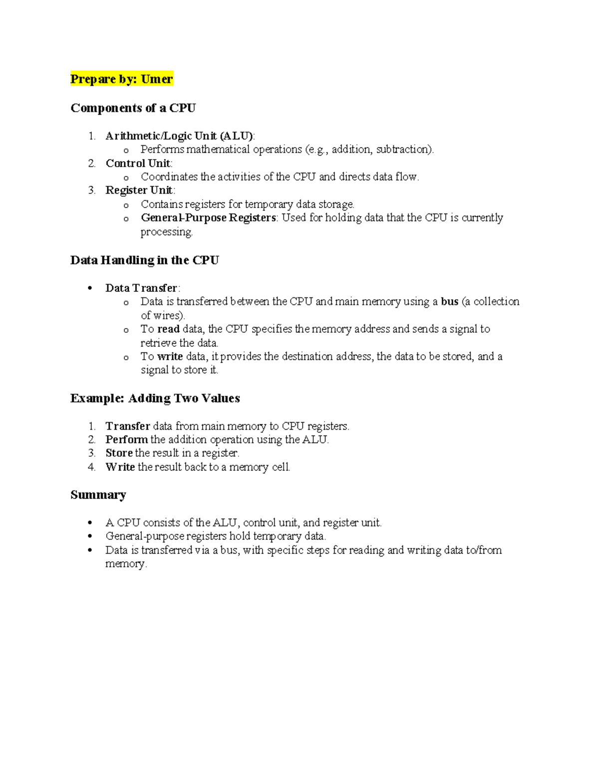 Lesson 32 Topic-032. CPU basics - Prepare by: Umer Components of a CPU ...