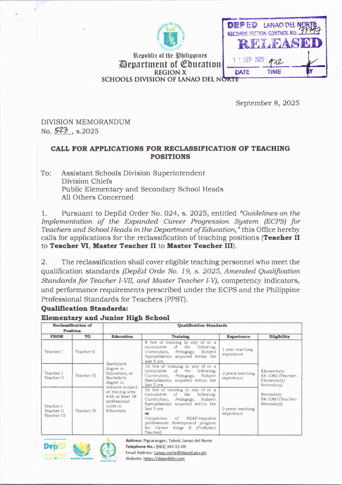 CALL FOR APPLICATIONS: Reclassification of Teaching Positions (DepEd) - Studocu