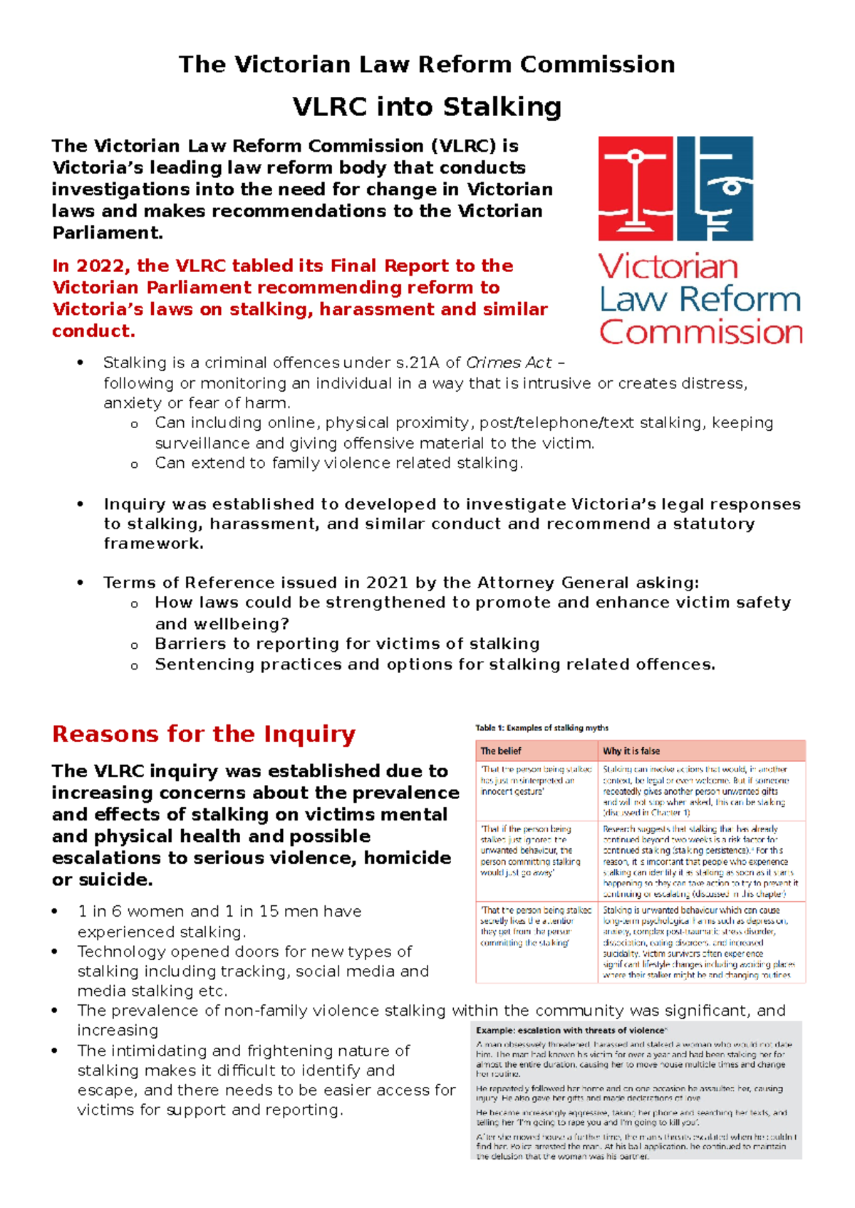 VLRC Stalking Reforms: Comprehensive Case Study Analysis - Studocu