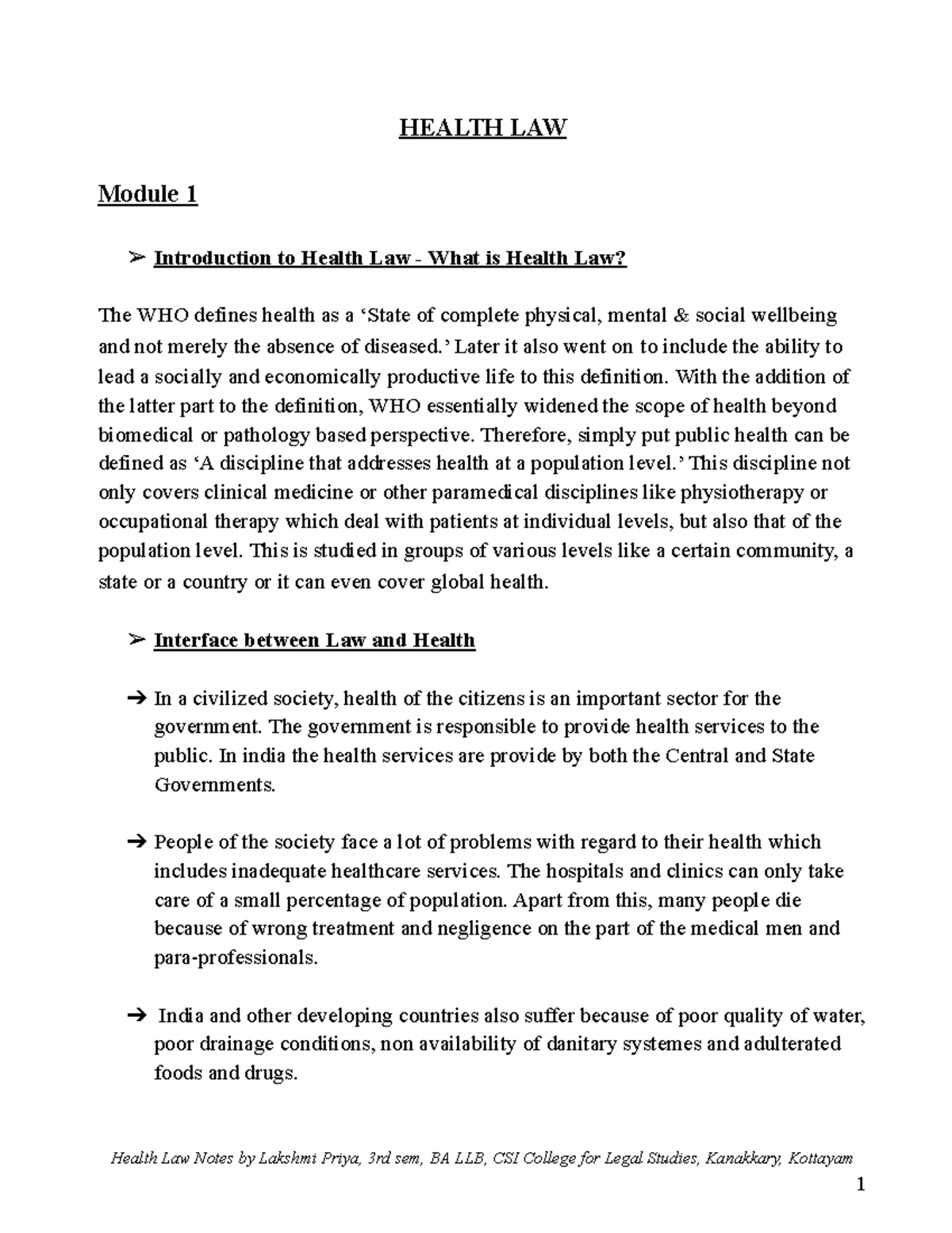 Health law notes - Notes on Health Law prepared by Manna Simon Abraham ...