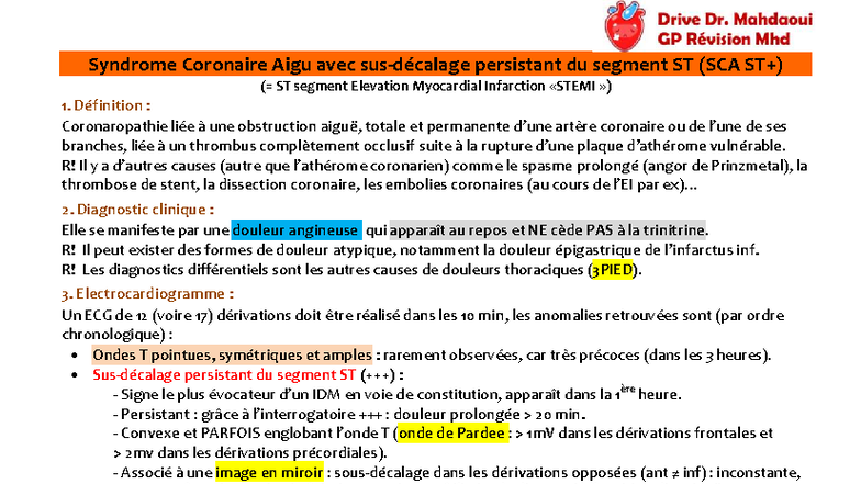 SCA ST - Syndrome Coronarien Aigu : Diagnostic et Traitement - Studocu