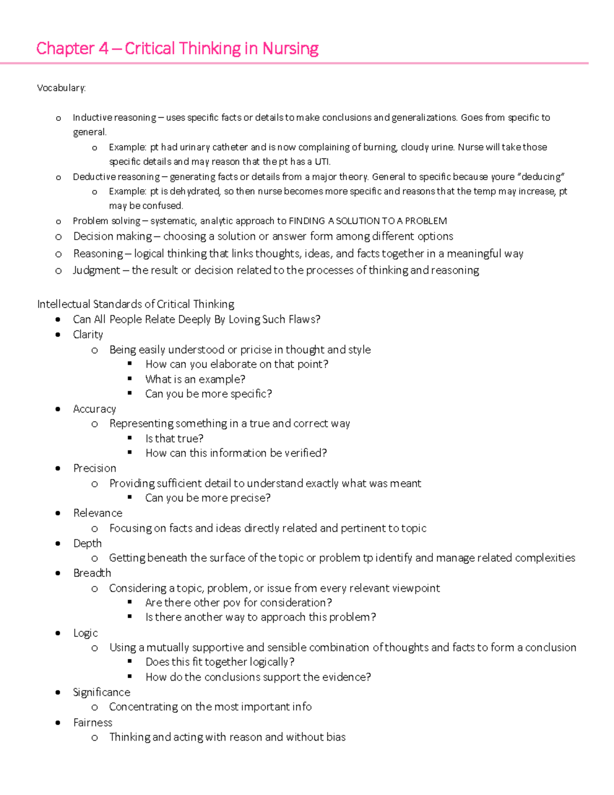 Chapter 4 nursing - Chapter 4 – Critical Thinking in Nursing Vocabulary ...