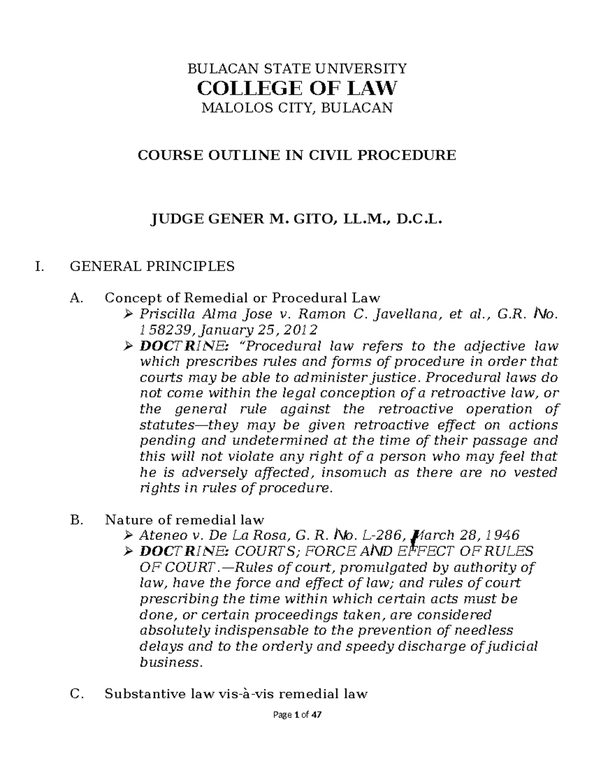 Complete Syllabus of Civil Procedure - Judge Gener M. Gito (GITO) - Studocu