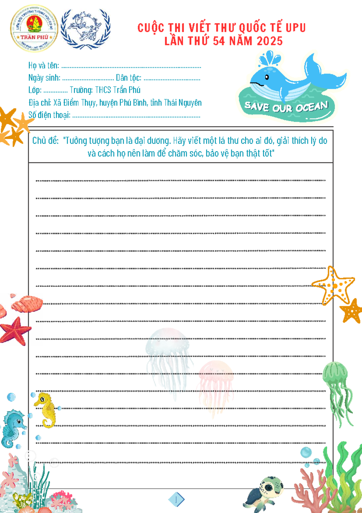 Mẫu Giấy Dự Thi UPU 54 - Chăm Sóc Đại Dương 2025 - Studocu