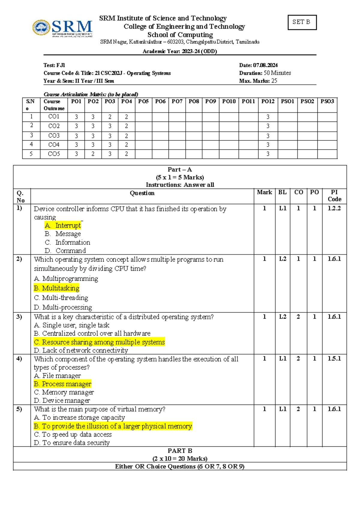 CT1 SET B Q&A for 21CSC202J Operating Systems Exam - Studocu