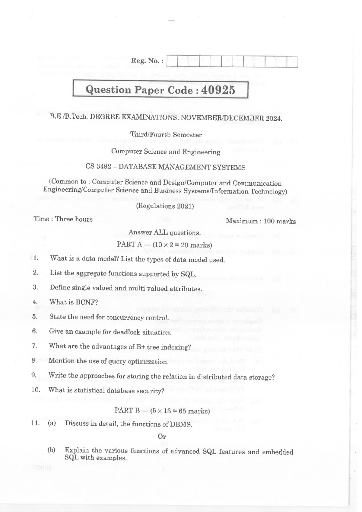 CSE-ND-2024 CS 3492 Final Exam Question Paper - Database Management ...