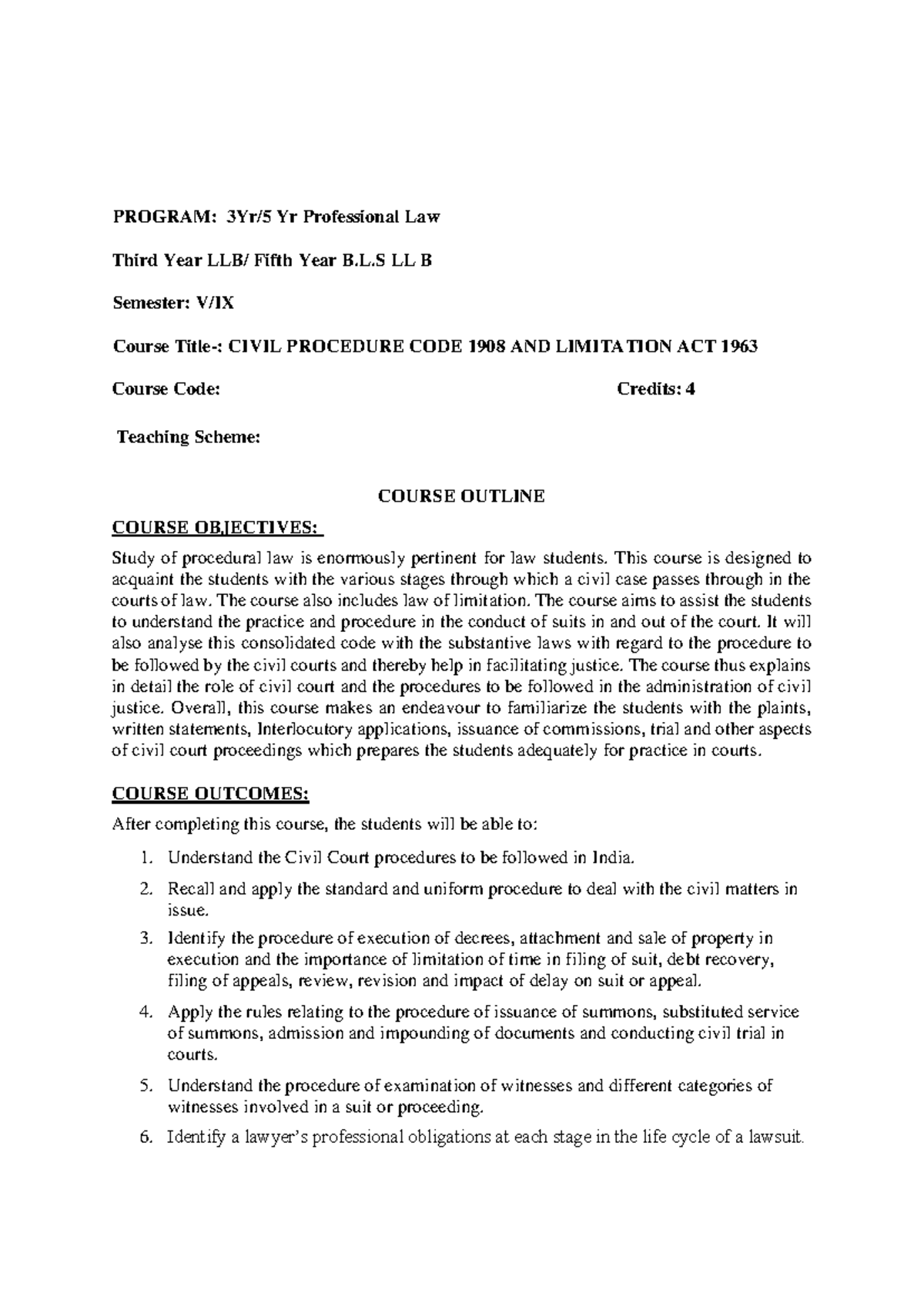 Sem 5 LLB Revised Syllabus 2024: Civil Procedure Code & Criminal Law ...