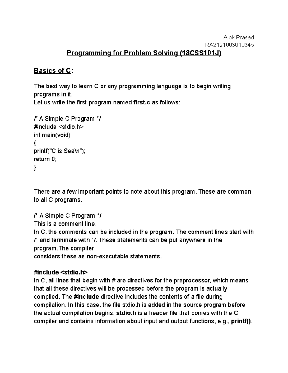 Basics of C Programming - Introductory Guide (18CSS101J) - Studocu