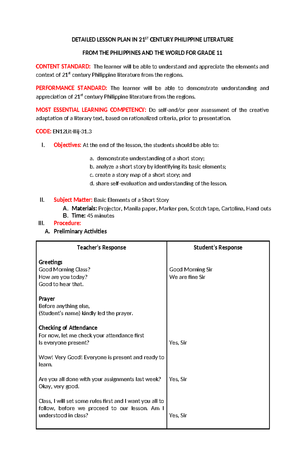 Detailed lesson plan for grade 11: understanding short stories in 21st ...