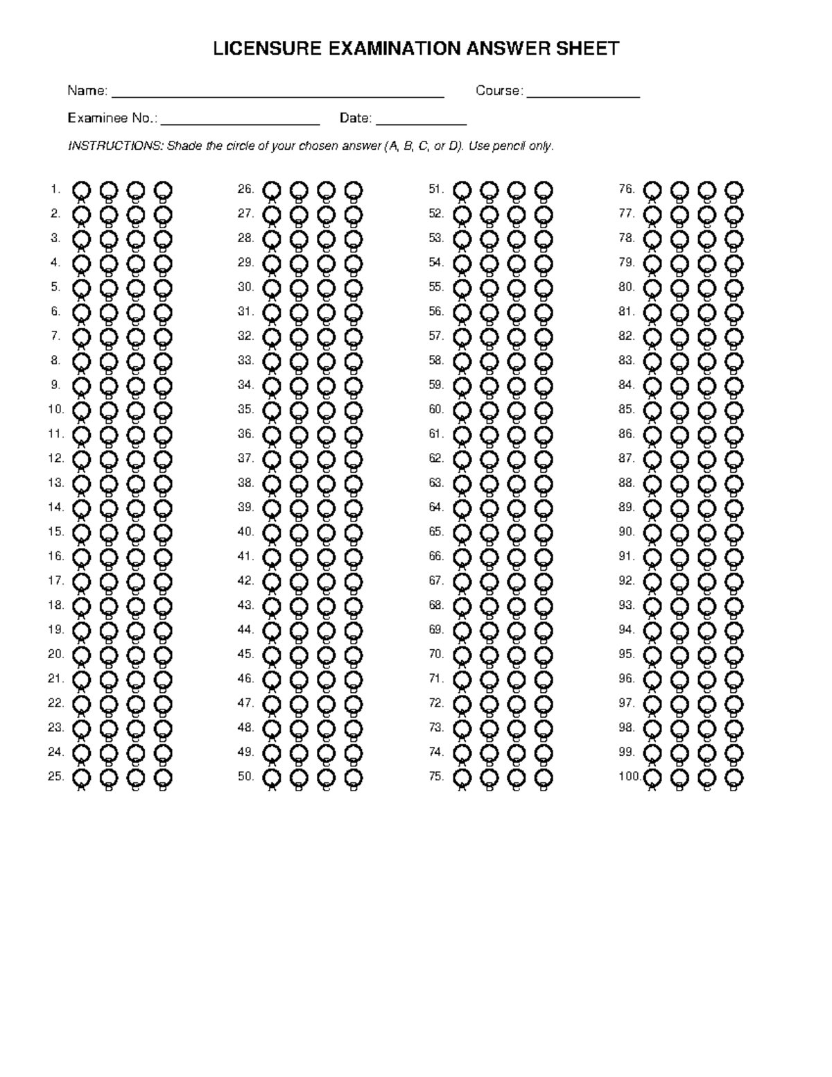 LICENSURE EXAMINATION ANSWER SHEET - RESPONSE FORM - Studocu
