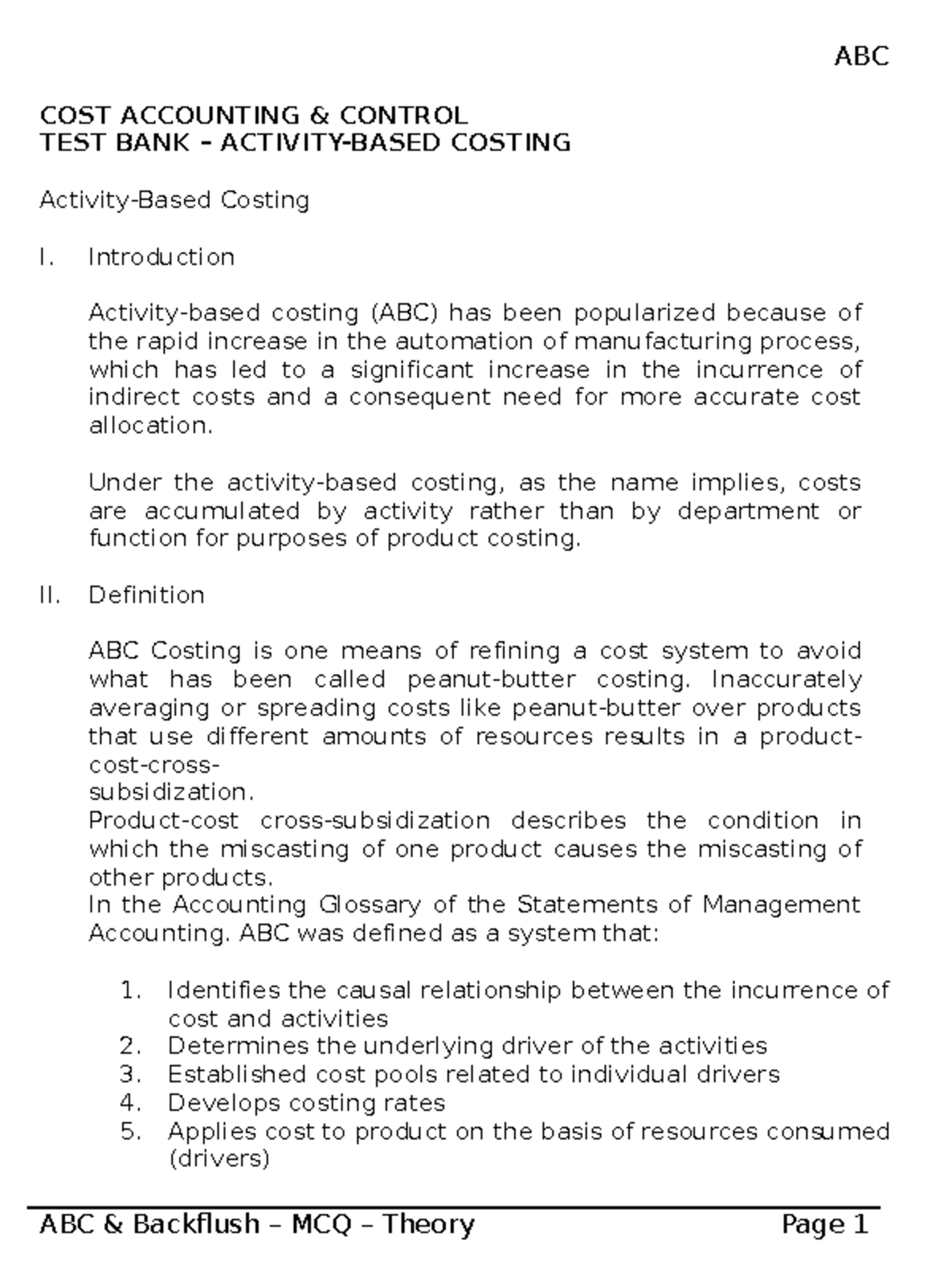 Test Bank for MAS - Activity-Based Costing in Cost Accounting - Studocu