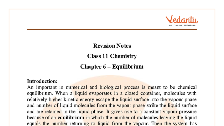 Equilibrium Class 11 Chemistry Chapter 6 Revision Notes - Studocu