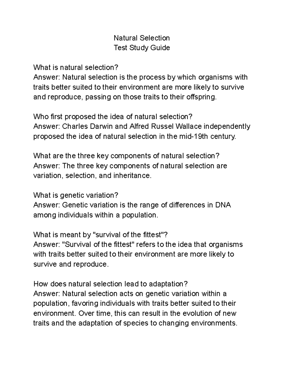 Natural Selection (BIO101) Test Study Guide for Exam Prep - Studocu