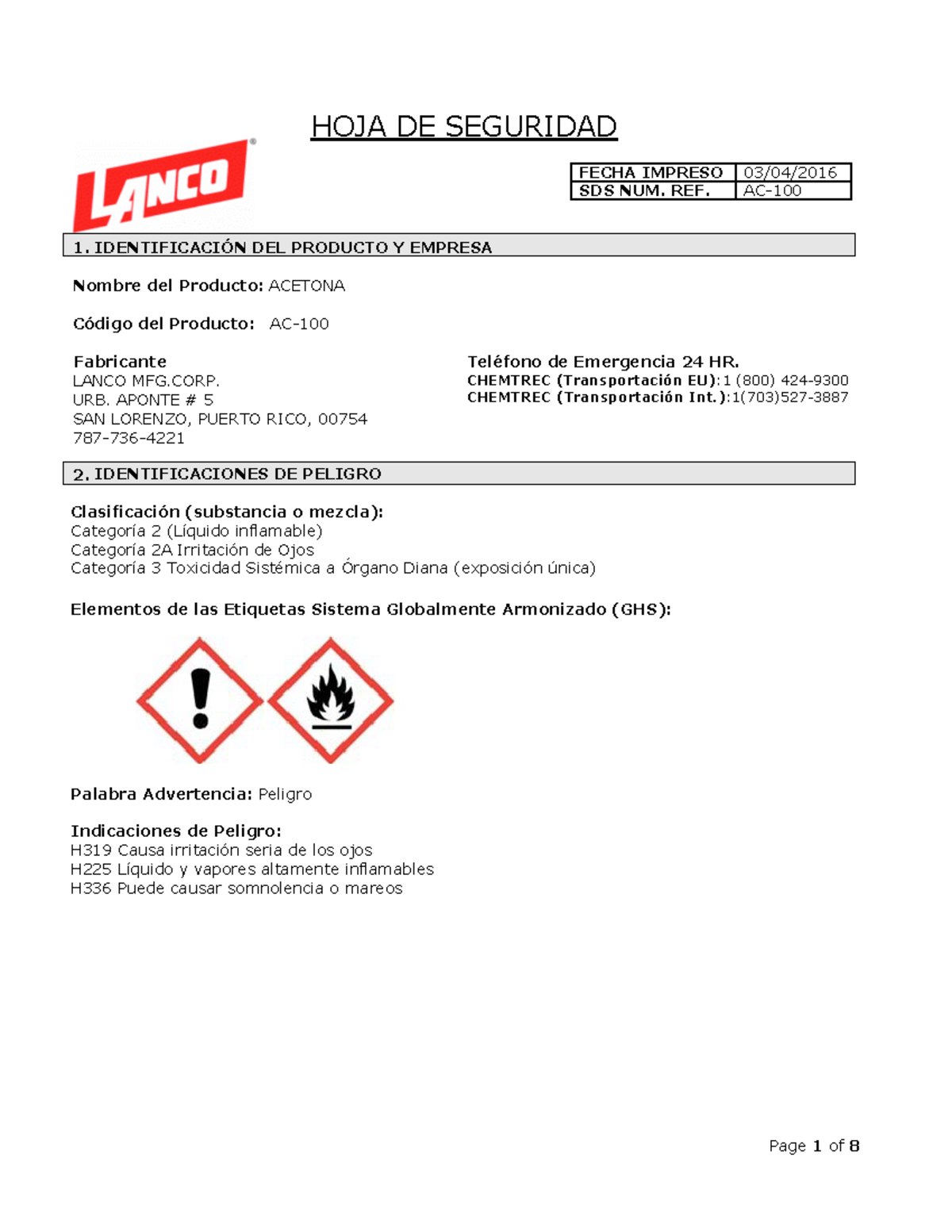 MSDS Acetona (AC-100) - Hoja de Seguridad Completa - Studocu