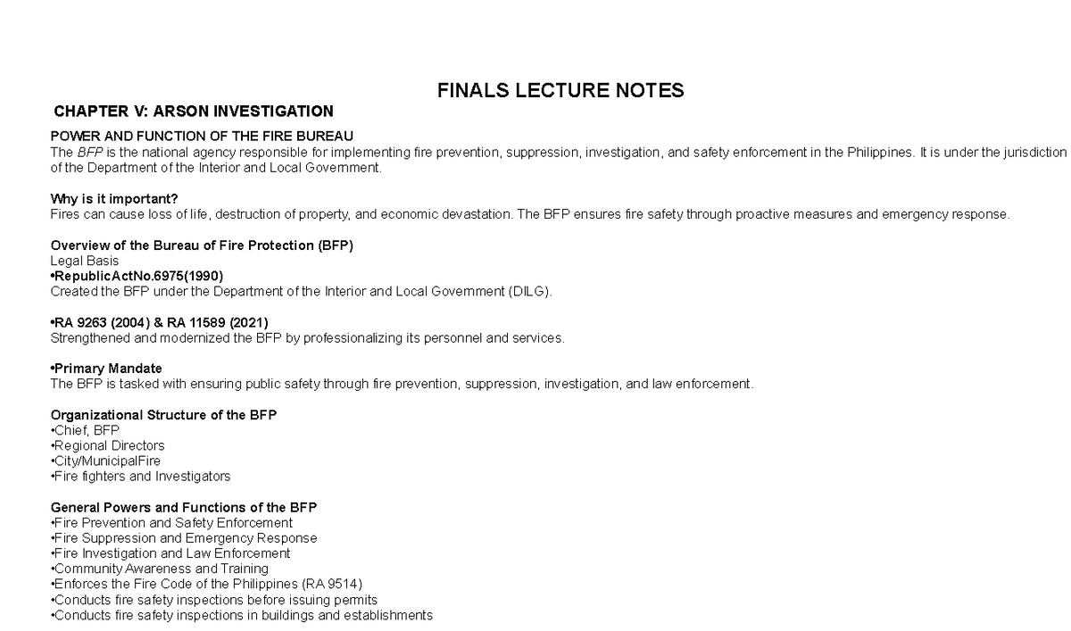BFP 101: Finals Lecture Notes on Arson Investigation and Fire Bureau ...