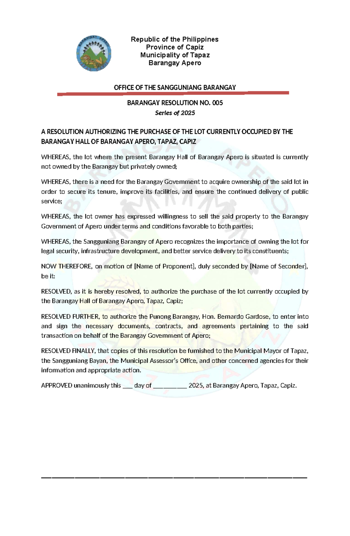 Barangay Resolution No. 005-2025: Purchase of Lot for Barangay Hall ...