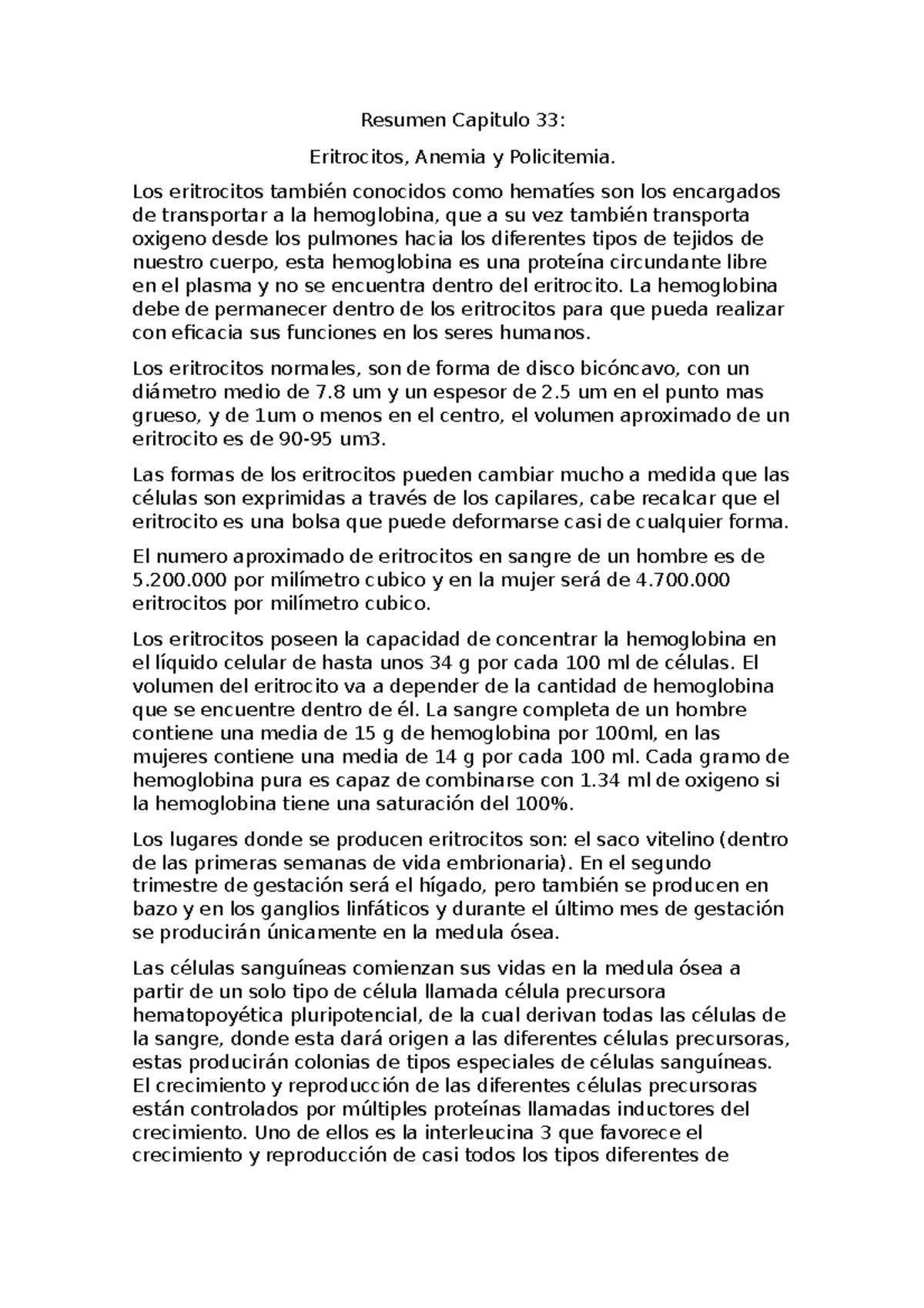 Resumen Capítulo 33: Eritrocitos, Anemia y Policitemia en Guyton - Studocu