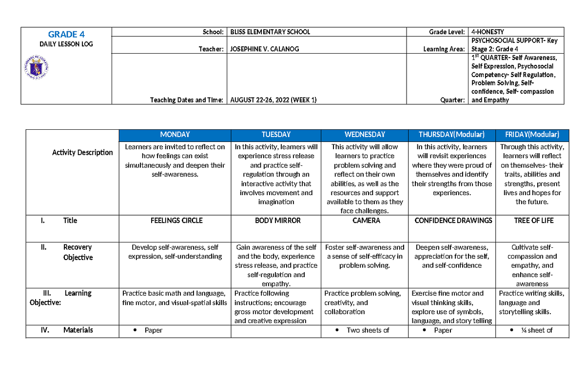 Q1.W1.LL.G4. Self-Awareness & Self-Expression Activities. AUG. 22-26 ...