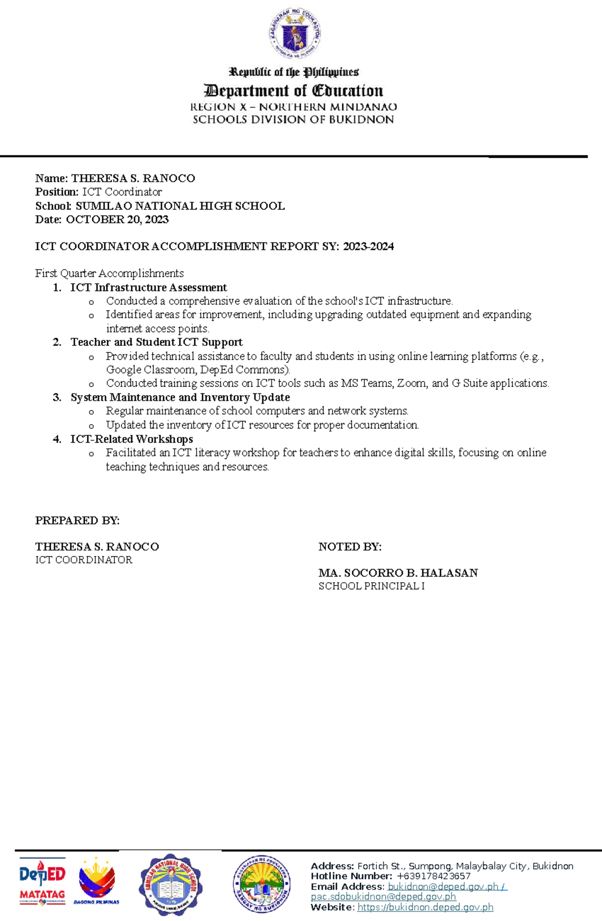 Accomplishment Report: ICT Coordinator SY 23-24 Summary - Studocu