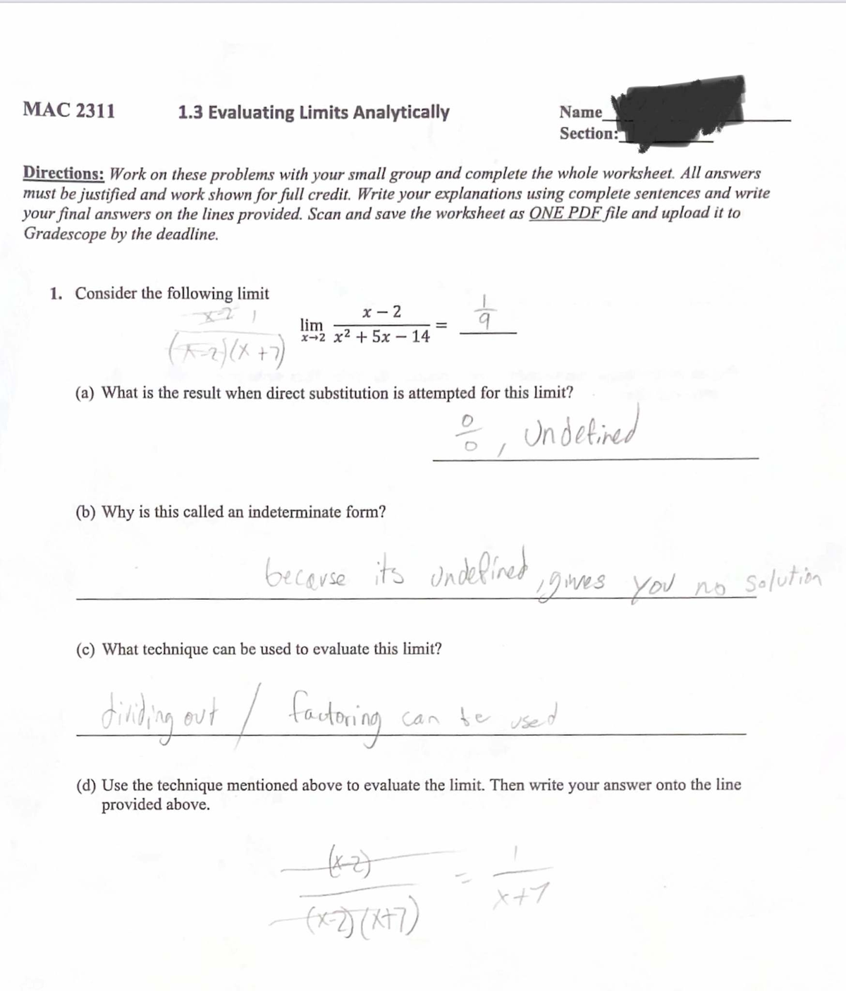 MAC 2311 1.3 Analyzing Limits: Group Worksheet Instructions - Studocu
