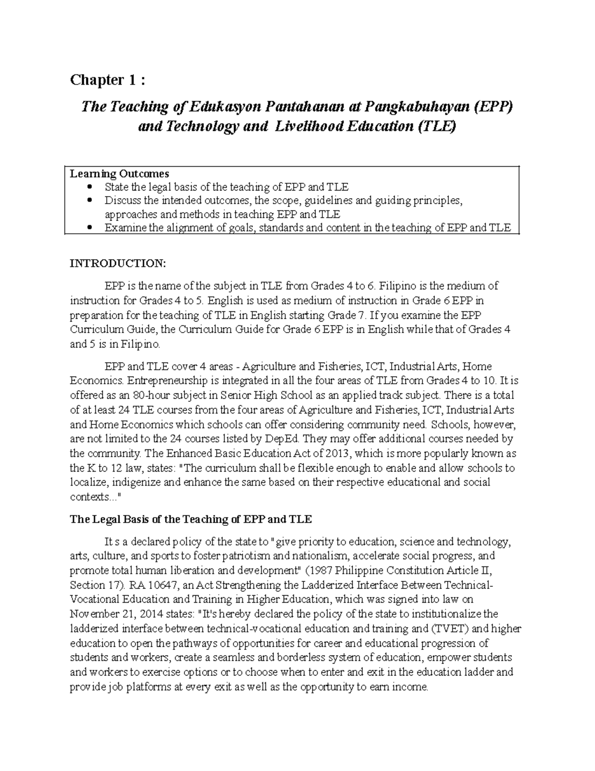 Chapter 1: Teaching EPP and TLE Learning Outcomes and Legal Basis - Studocu