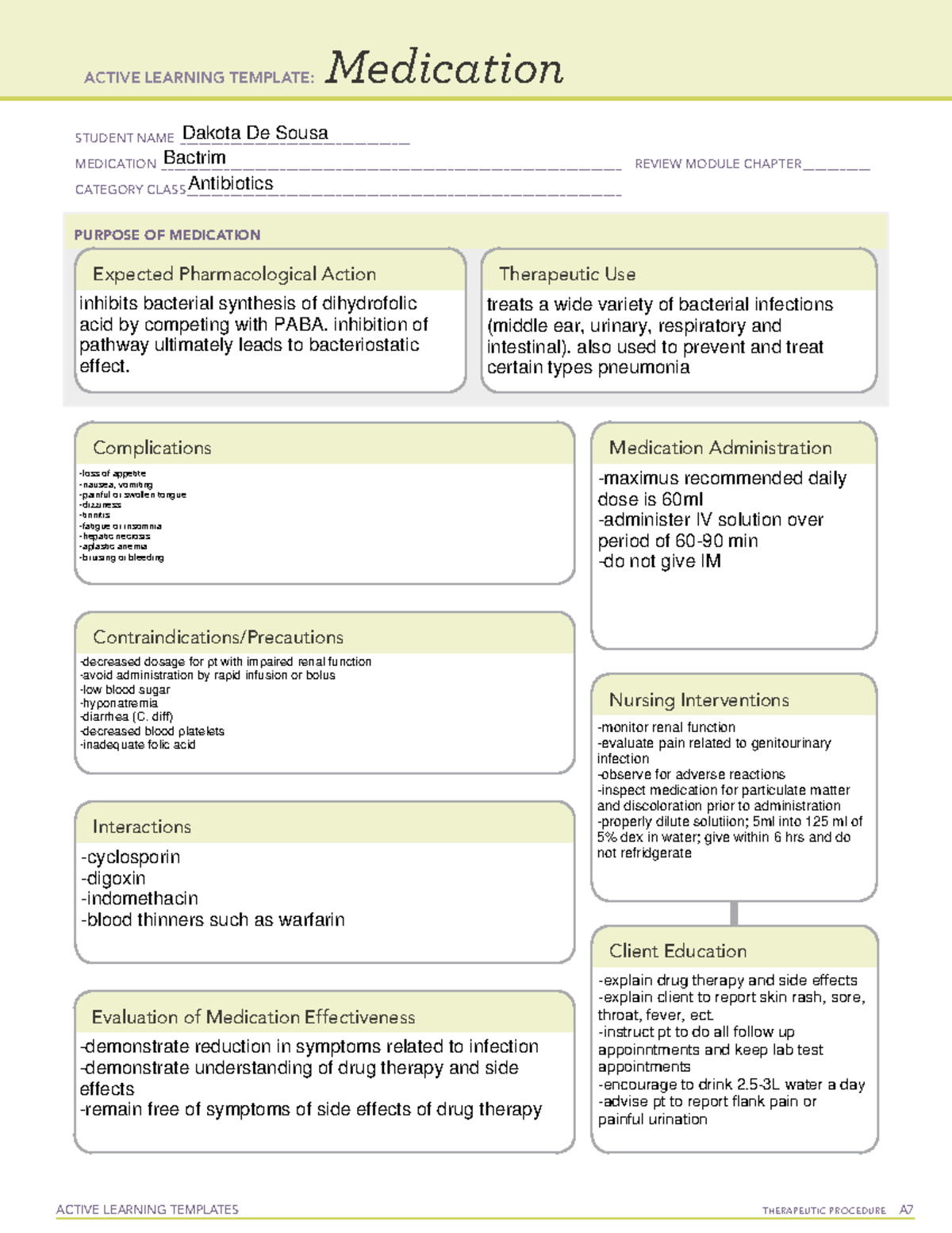 Bactrim - Med sheets - ACTIVE LEARNING TEMPLATES TherapeuTic procedure ...
