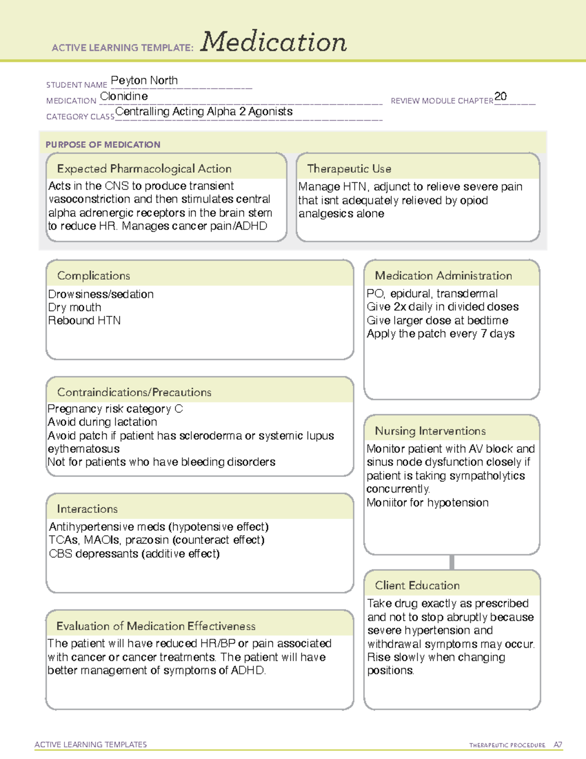 Clonidine - Medication Chart - ACTIVE LEARNING TEMPLATES THERAPEUTIC ...