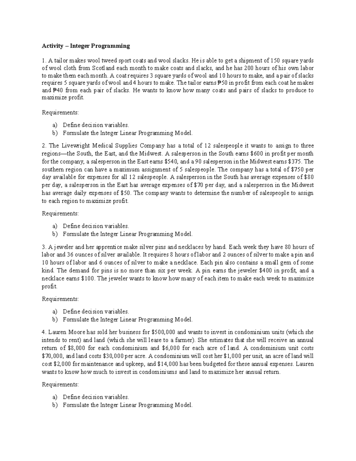 Quiz 2 Integer Programming - Activity – Integer Programming A tailor makes wool tweed sport ...