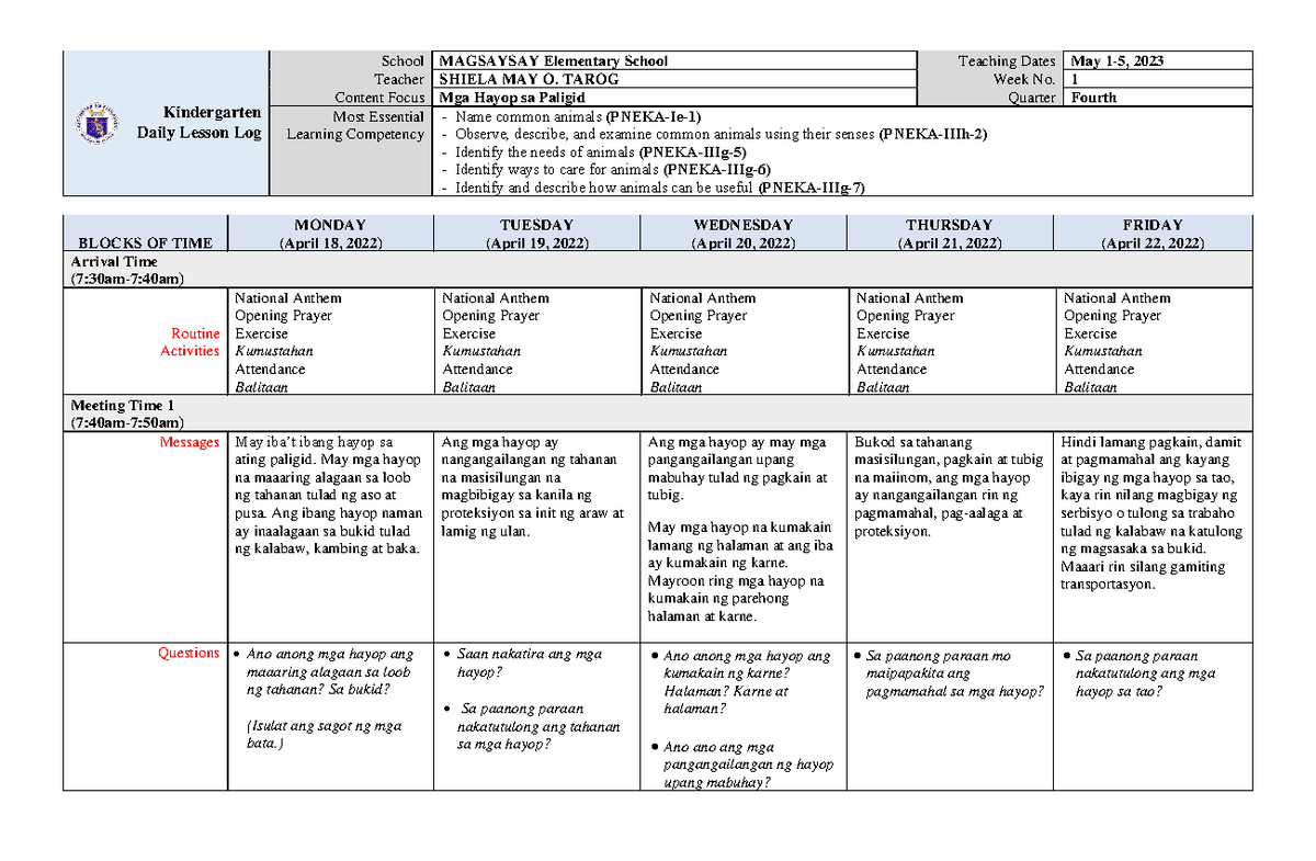 Kindergarten Daily Lesson Log (DLL) Q4 - Week 1: Mga Hayop sa Paligid ...