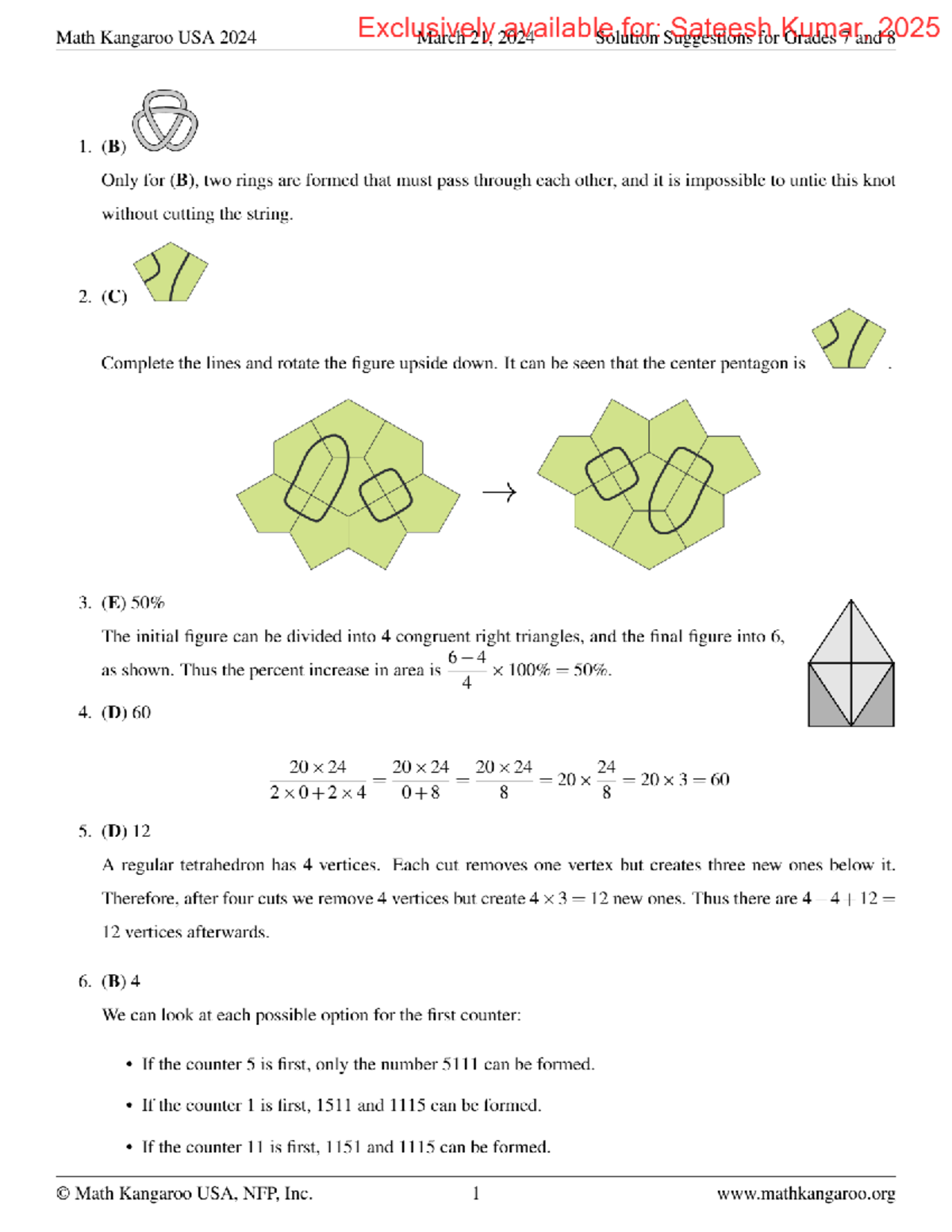 Math Kangaroo USA 2024 Solutions for Grades 7 & 8 - Studocu