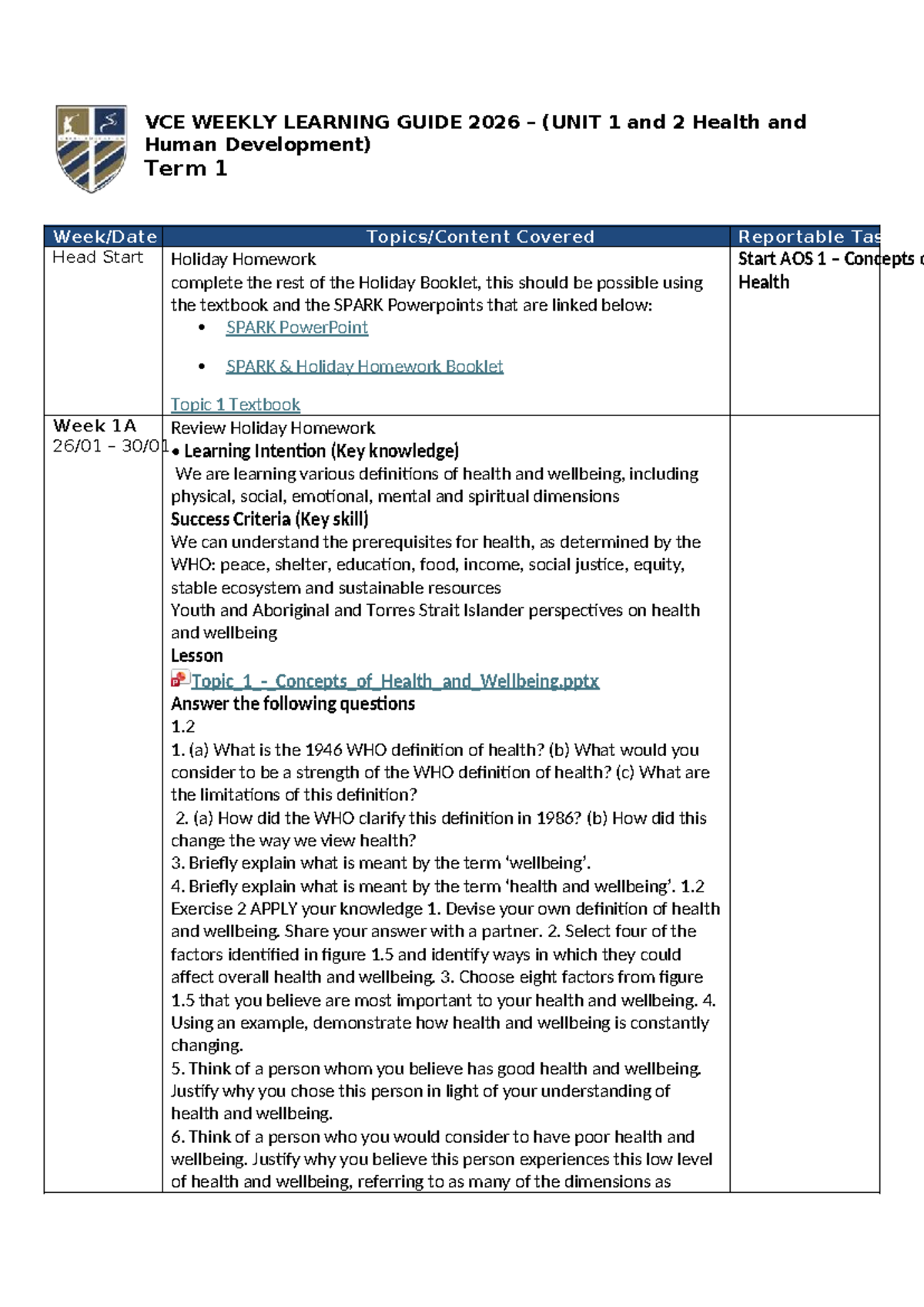 U1&2 Health and Human Development 2026 Weekly Learning Guide - Studocu