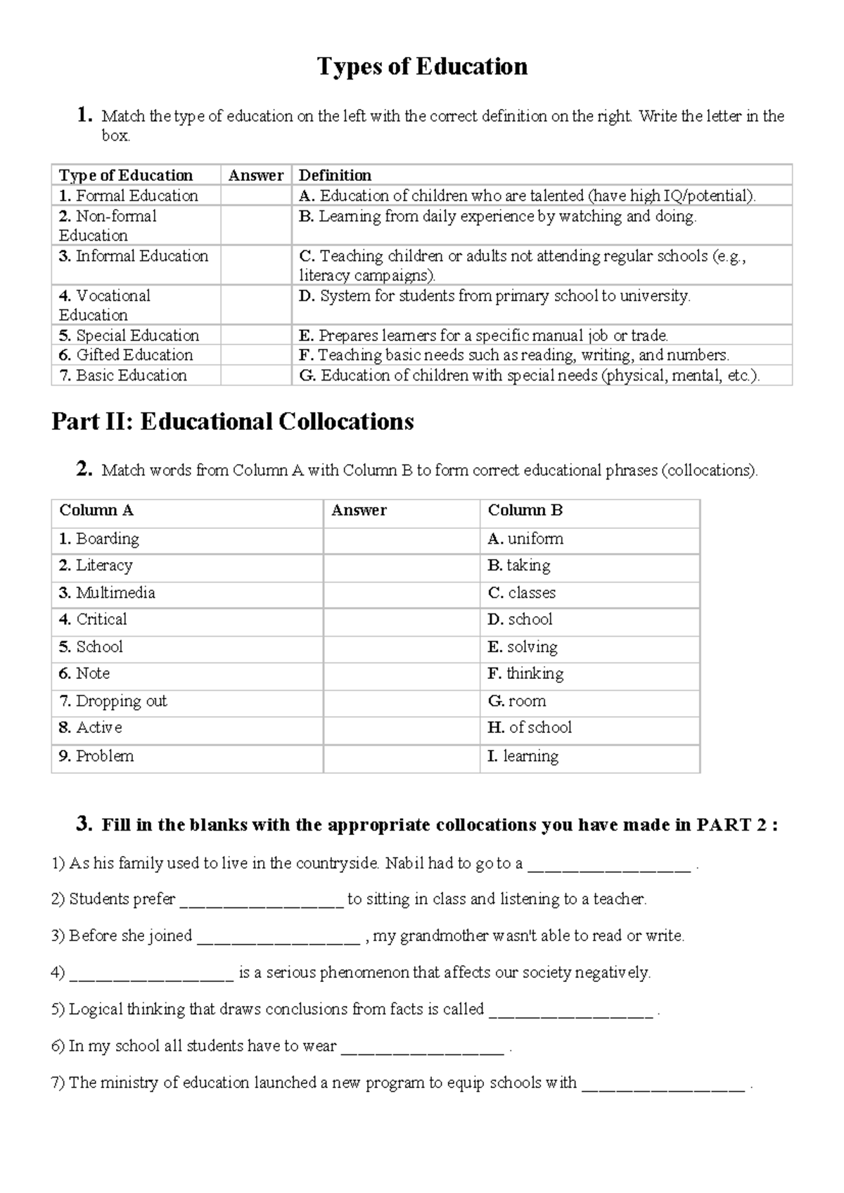 Unit 3 - Types of Education: Definitions & Collocations for ...