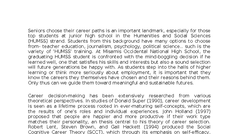 HUMSS Career Path Selection: Insights for Senior Students - Studocu