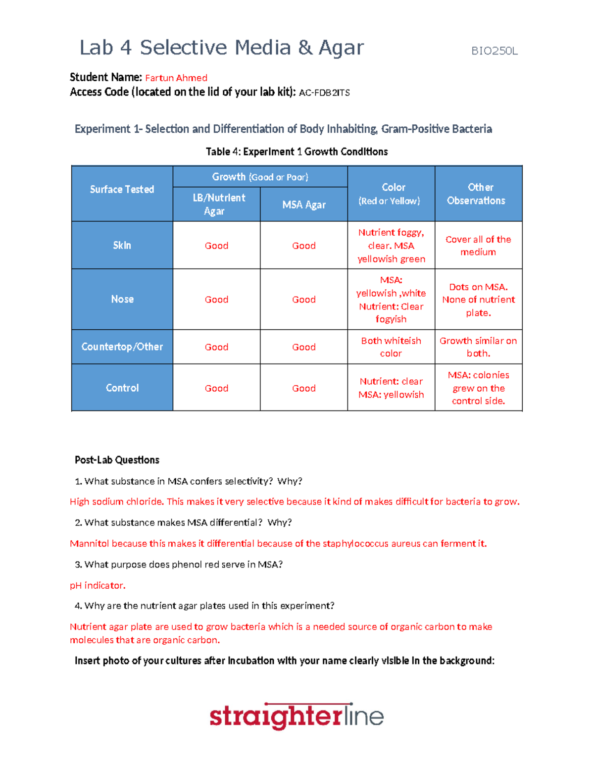 Micro lab 4 - straighterline - Student Name: Fartun Ahmed Access Code ...