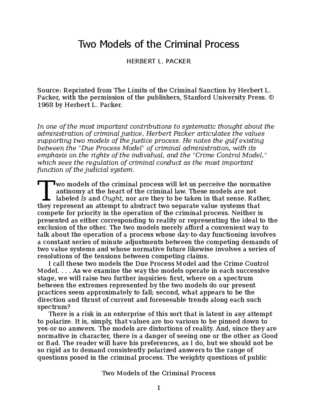 Packer - Analyzing Two Models of the Criminal Process in Justice - Studocu