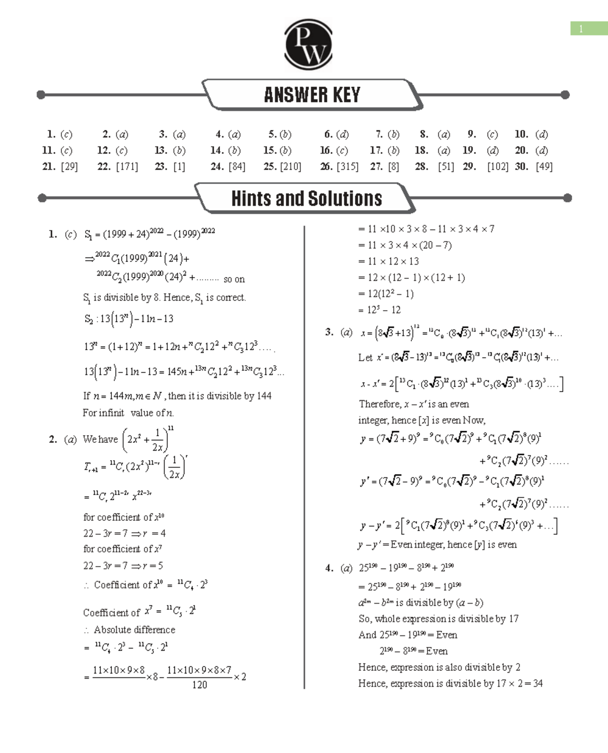 Binomial Theorem: PYQ Solutions Sheet for JEE 2025 - Studocu