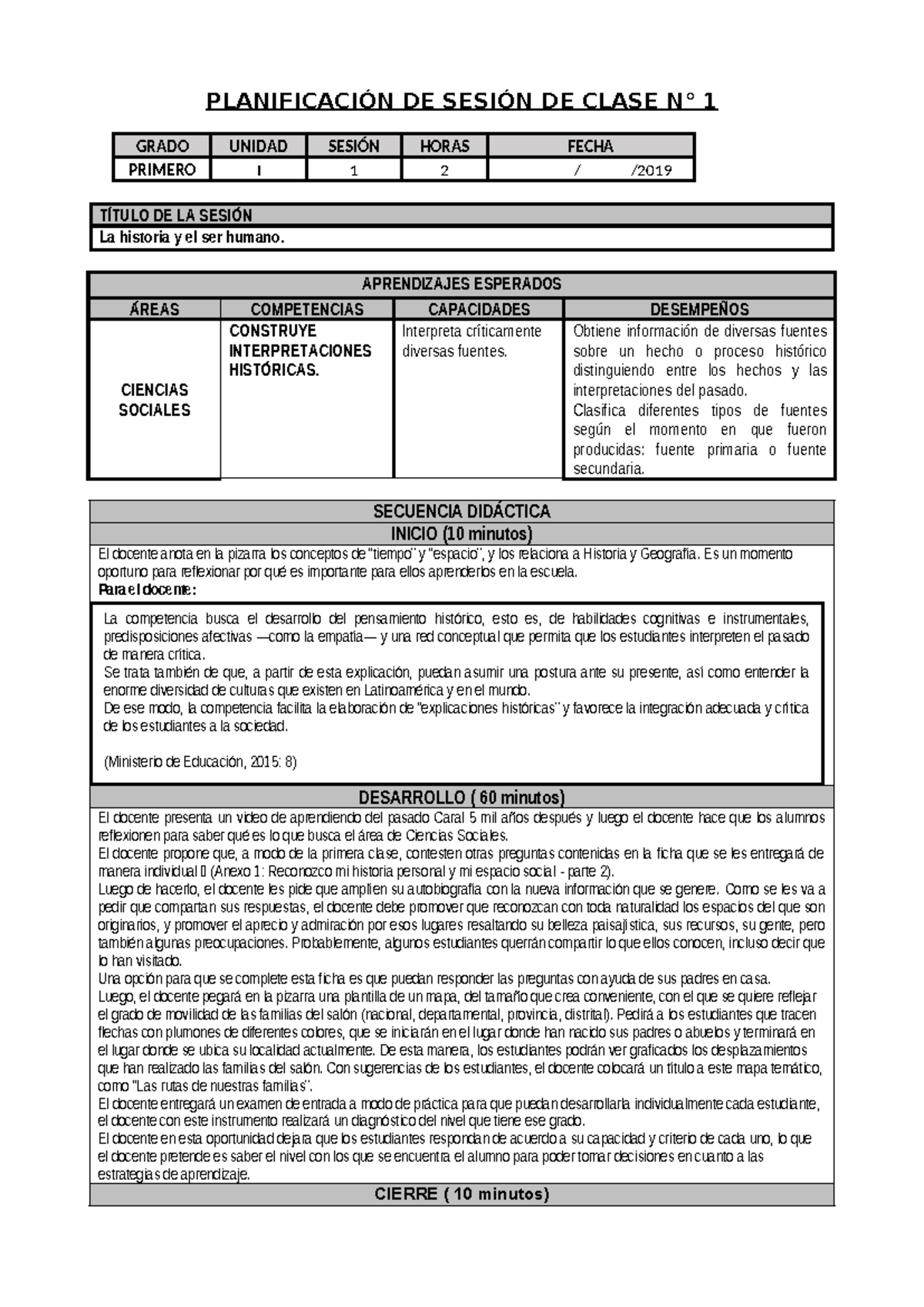 Planificación de Clase 1° - Historia y el Ser Humano (Unidad I) - Studocu