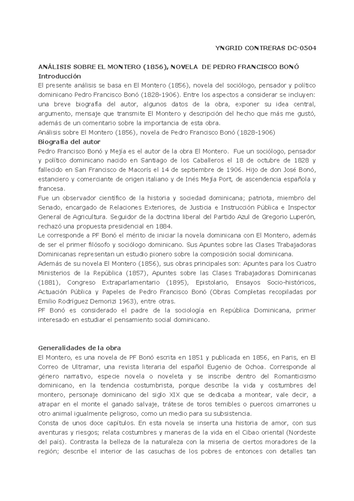 Examen Literatura Dominicana - Evaluación de la novela "El Montero" de ...