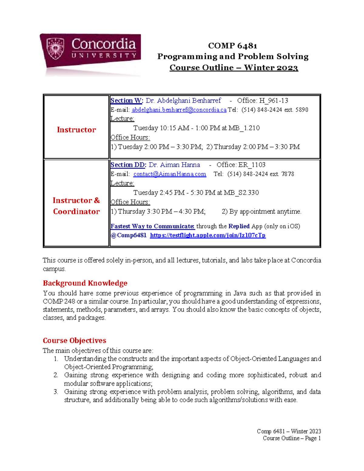 Comp 6481 - Winter 2023 Programming & Problem Solving Course Outline ...