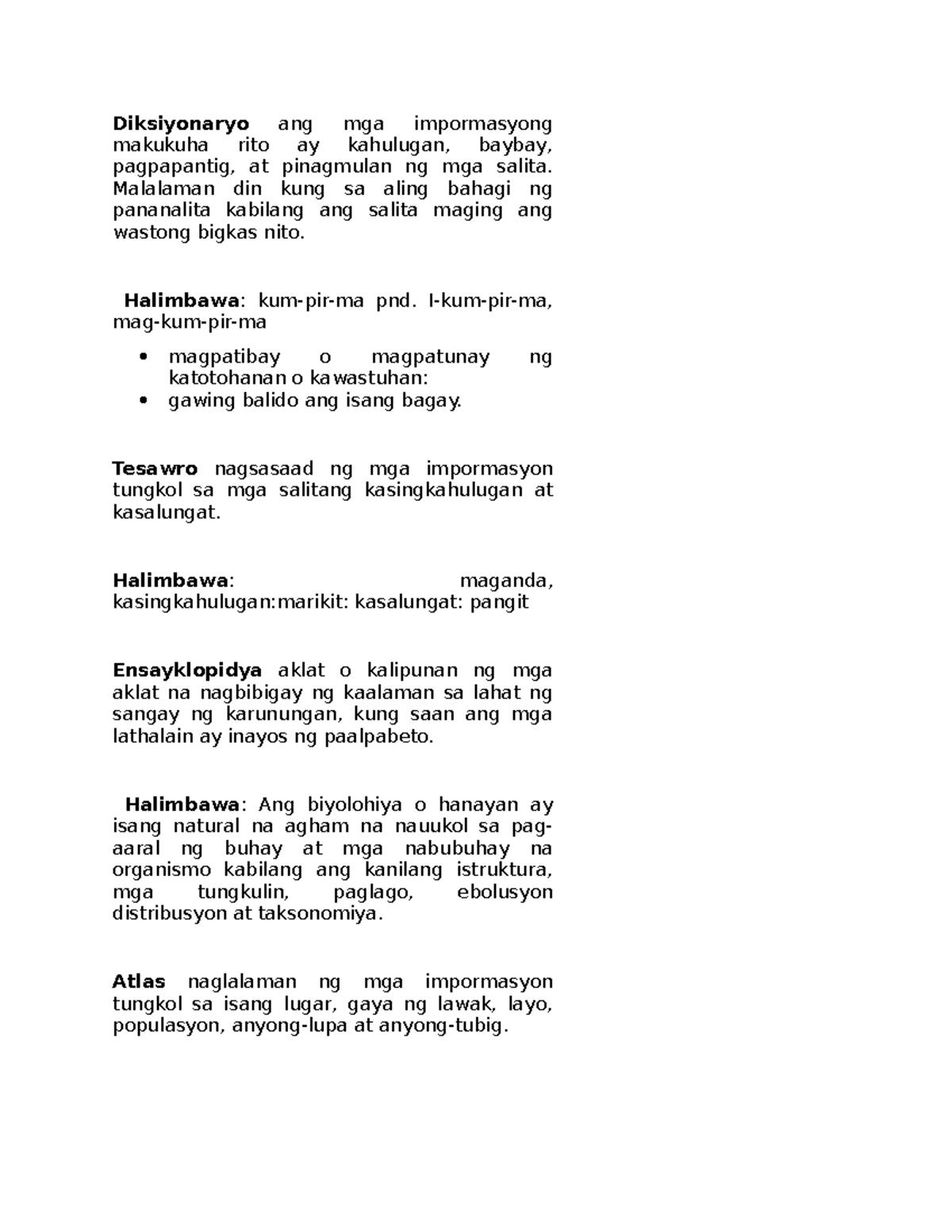 Diksiyonaryo at Tesawro: Kahulugan at Impormasyon ng mga Salita - Studocu