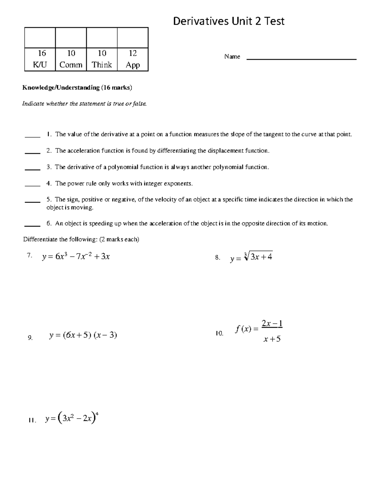 MCV4U - Unit 2 Derivatives Test: Concepts & Applications - Studocu