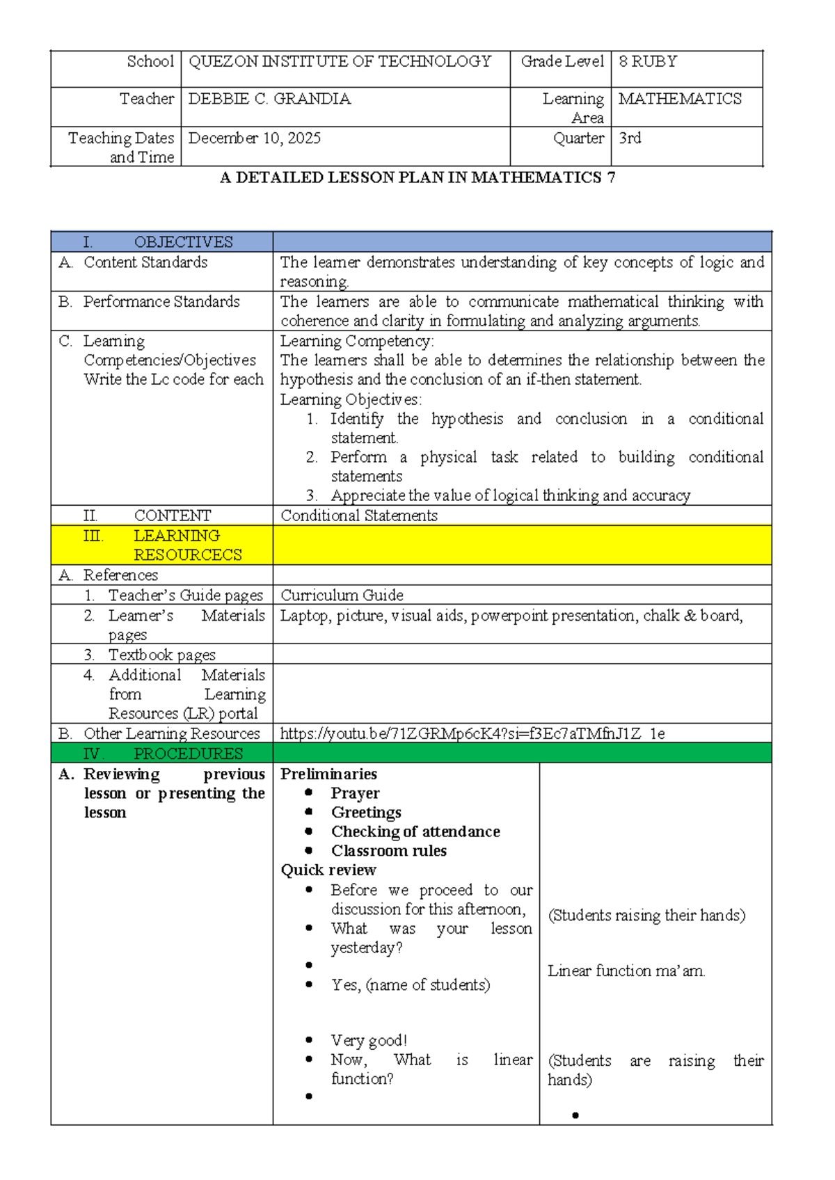Detailed Lesson Plan in Mathematics 7: Conditional Statements - Studocu