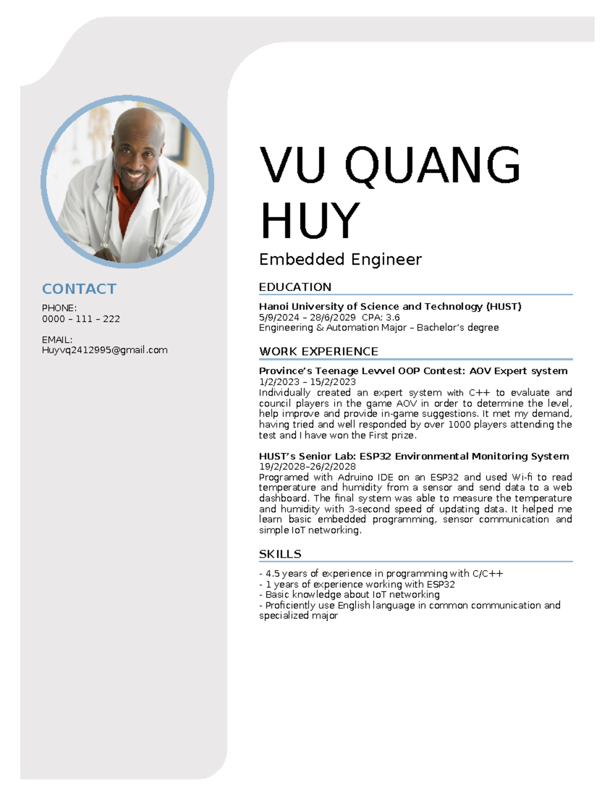 CV2 - Embedded Engineering Fresher Profile and Skills Overview - Studocu